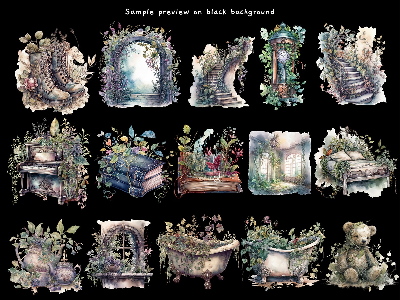 Overgrown Things Clipart Bundle: Watercolor Mossy Objects (digital ...
