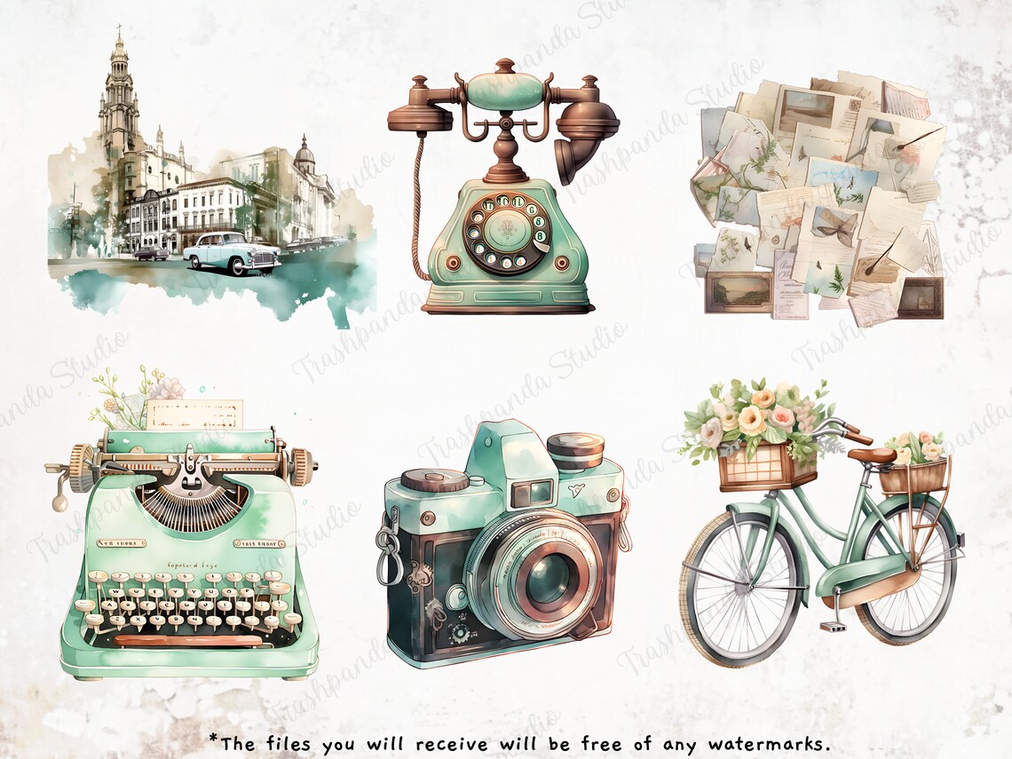 Green Watercolor Vintage Clipart for Journaling and Scrapbooking PNG ...