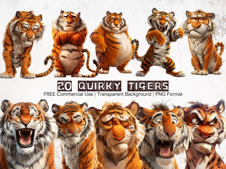 Quirky Wild Tigers Clipart Bundle, Funny and Humorous Fierce Tiger PNG ...
