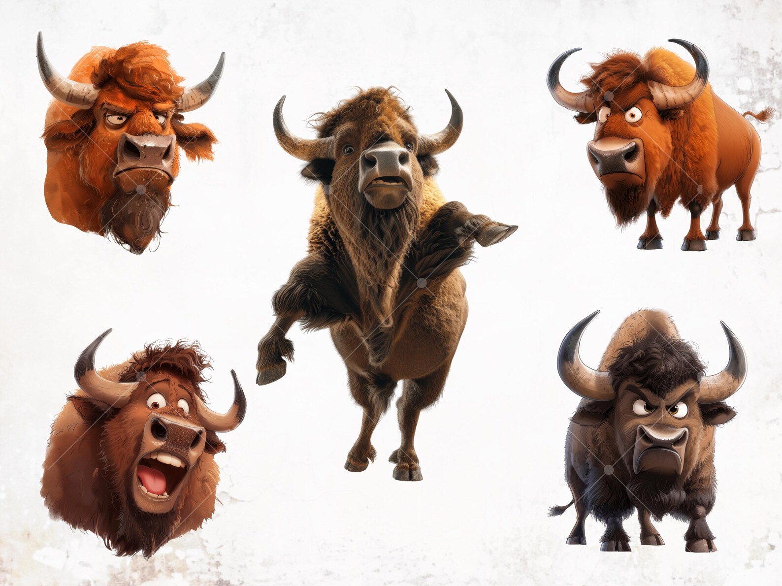 Quirky Bisons Cartoon Clipart Bundle, Funny Faces of a Bison Printable ...
