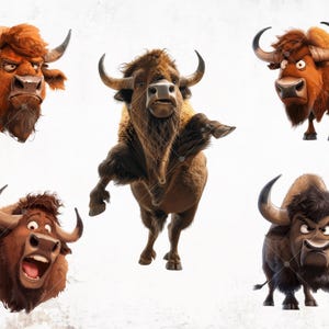 Quirky Bisons Cartoon Clipart Bundle, Funny Faces of a Bison Printable ...