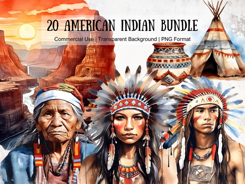 Watercolor American Indian Clipart Bundle: Tribal Art PNG Graphics ...