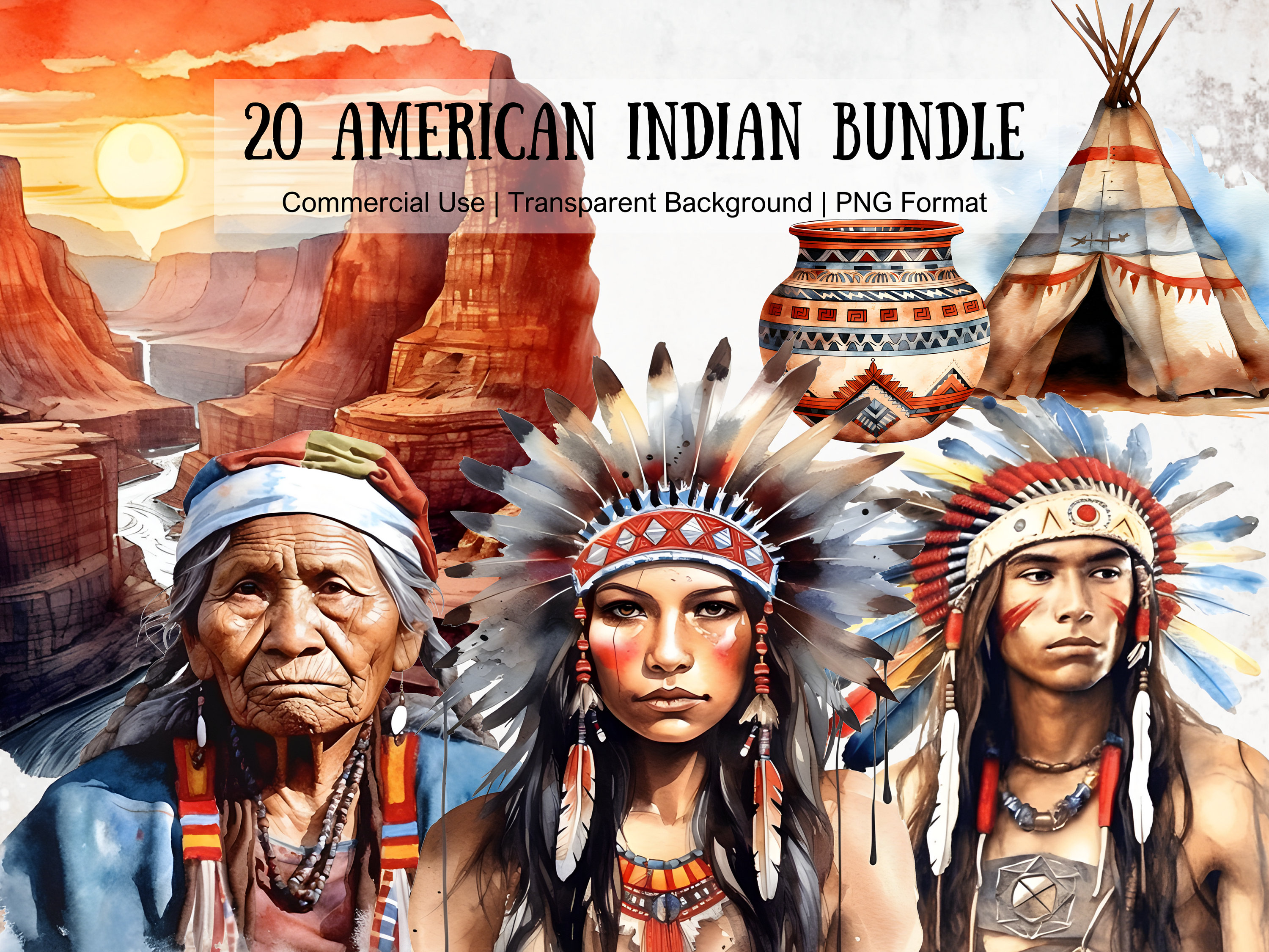 American Indian Watercolor Graphics, Tribal Art, Clipart for Personal ...
