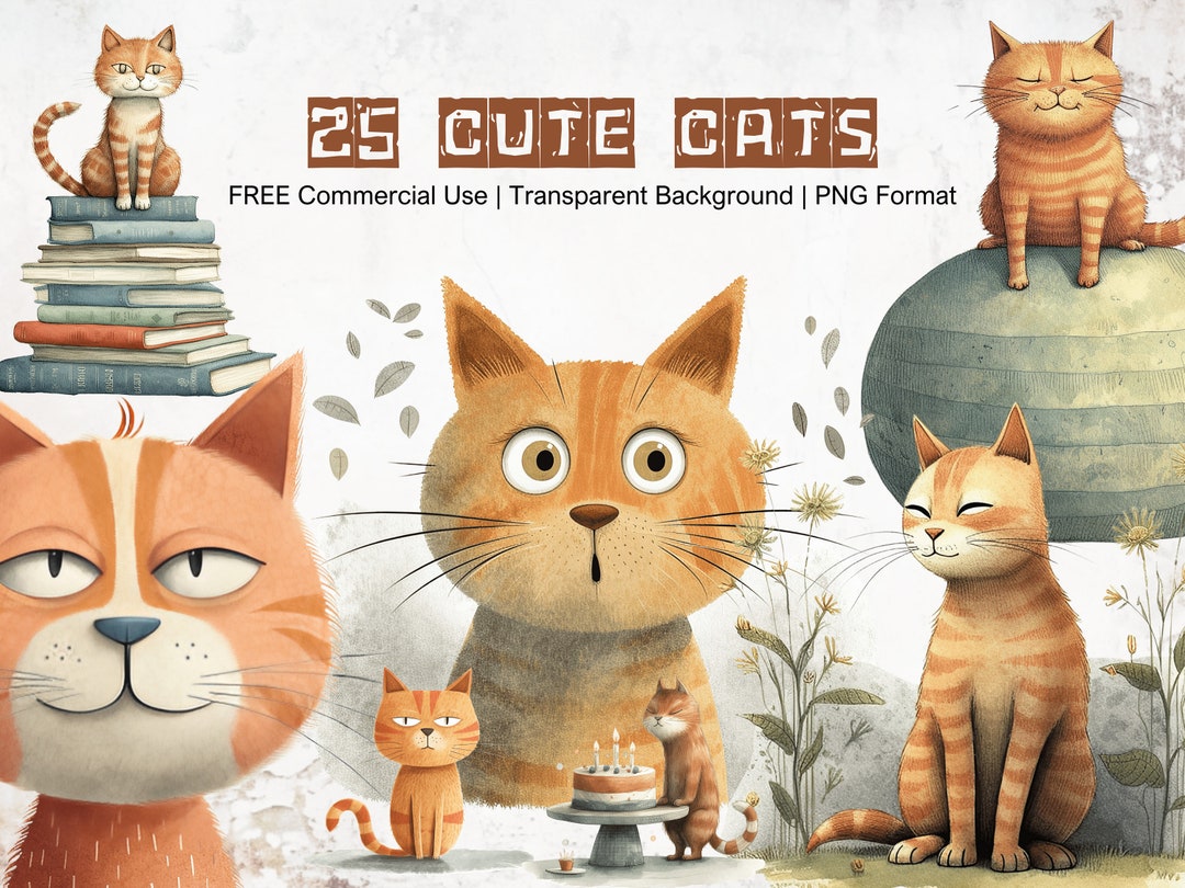 Cute Funny Cats Clipart Bundle, Whimsical Kitten Sublimation Clipart ...