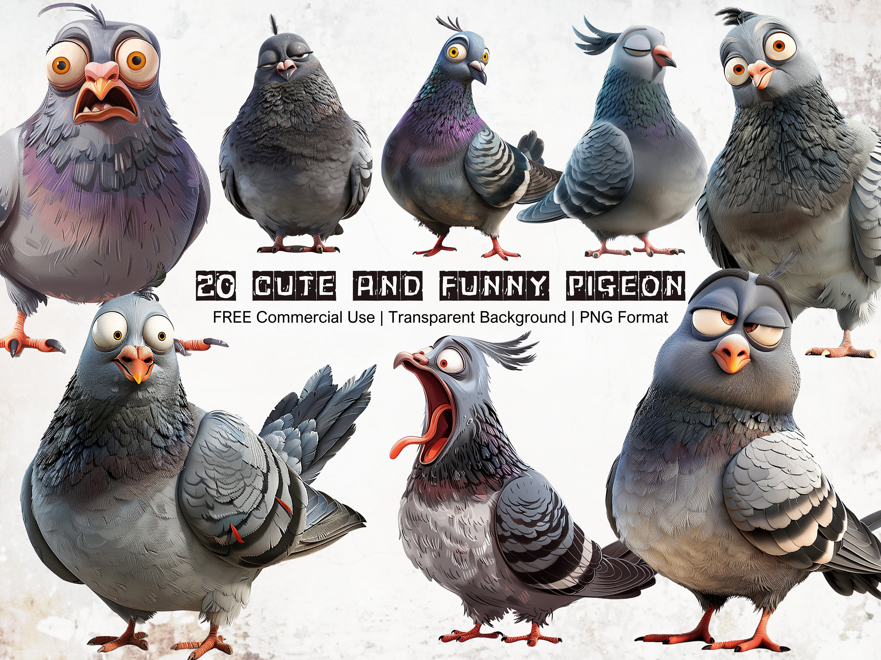 Cute and Funny Pigeon Clipart Bundle Humorous Whimsical Bird PNG ...