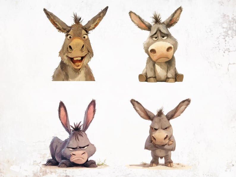 Funny Donkey Faces Clipart Bundle Hilarious Animal PNG Cartoon Graphics ...