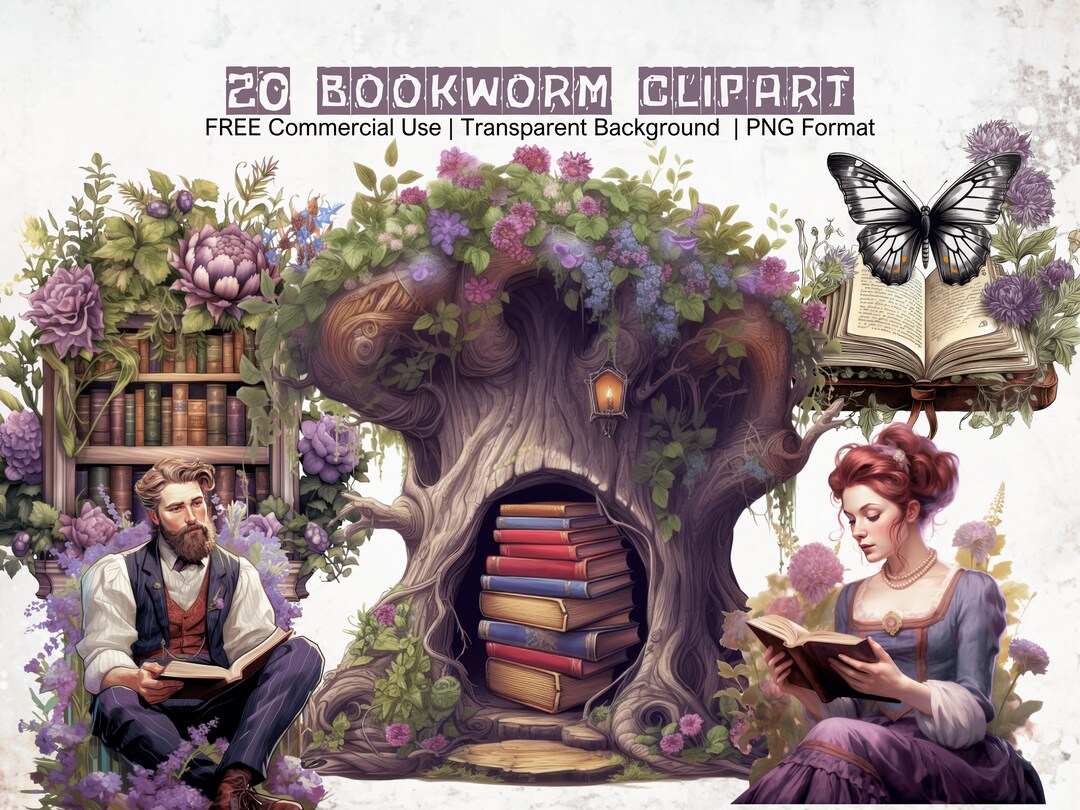Bookworm Fantasy Clipart Bundle, Whimsical Literary Graphics for ...