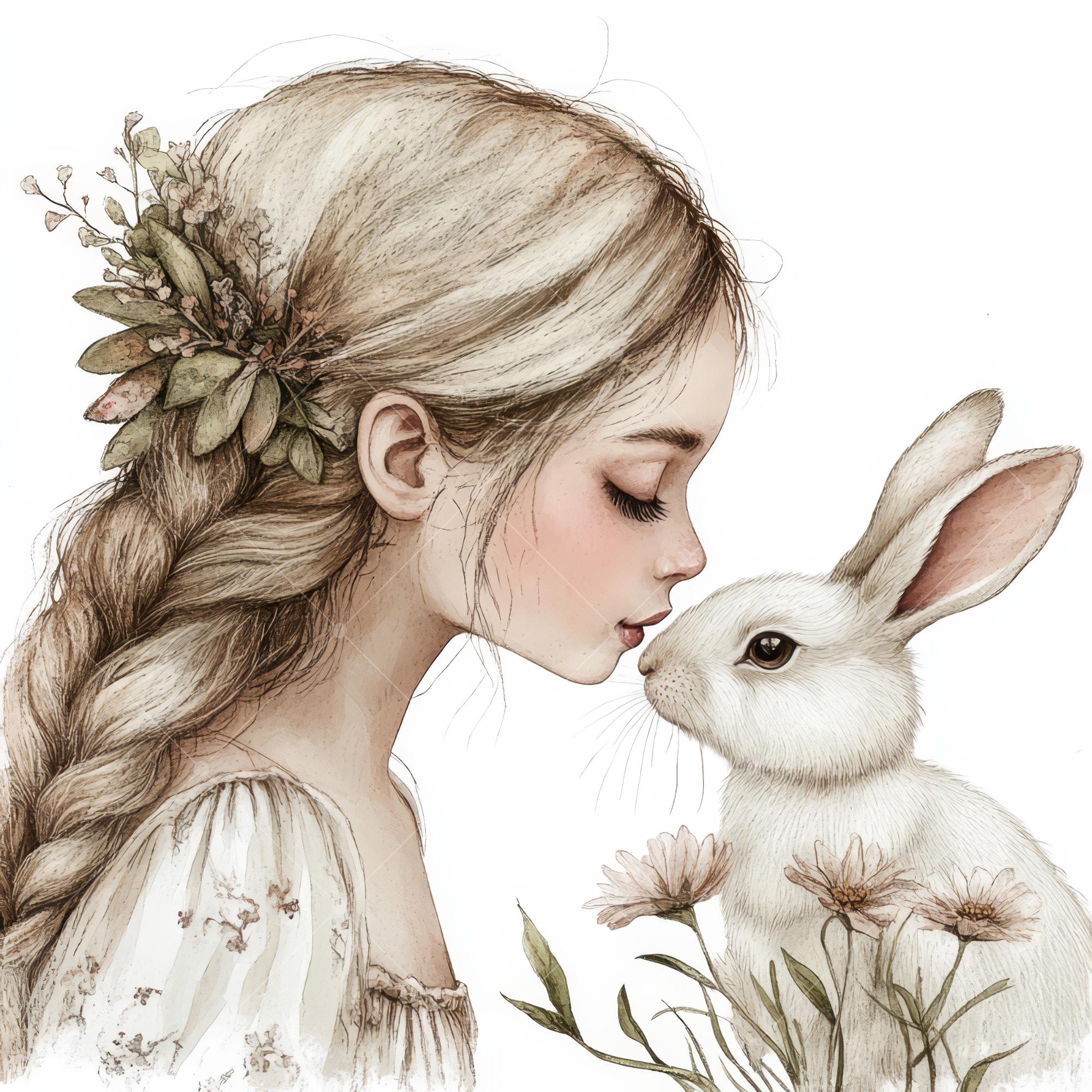 Cottage Girl Whimsical Clipart Rabbit and Girl Graphics Dreamy ...