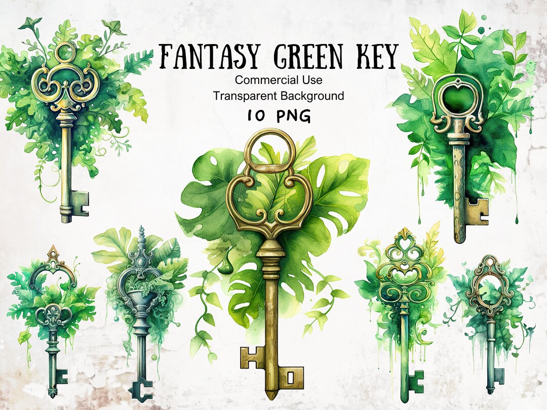 Fantasy Green Key, Watercolor Key Clipart, Fantasy Key, Wedding ...