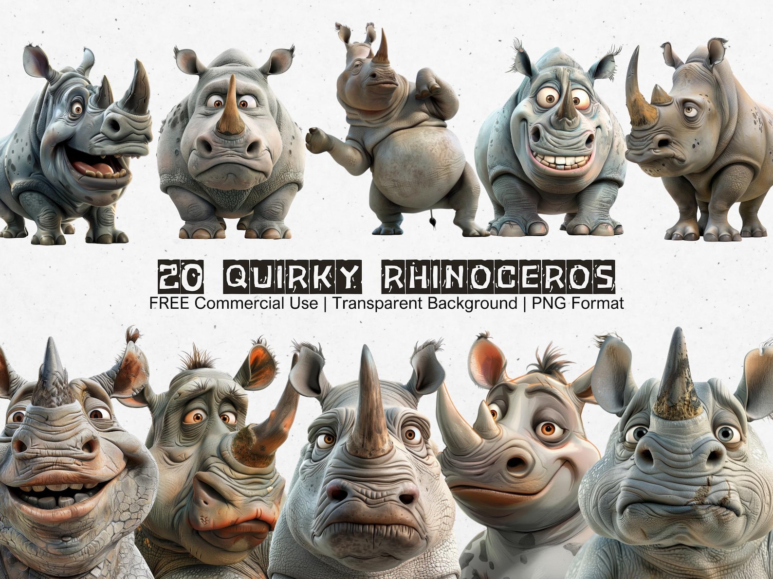 Funny Rhinoceros Clipart Bundle With Transparent Background for Quirky ...