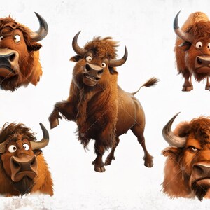 Quirky Bisons Cartoon Clipart Bundle, Funny Faces of a Bison Printable ...
