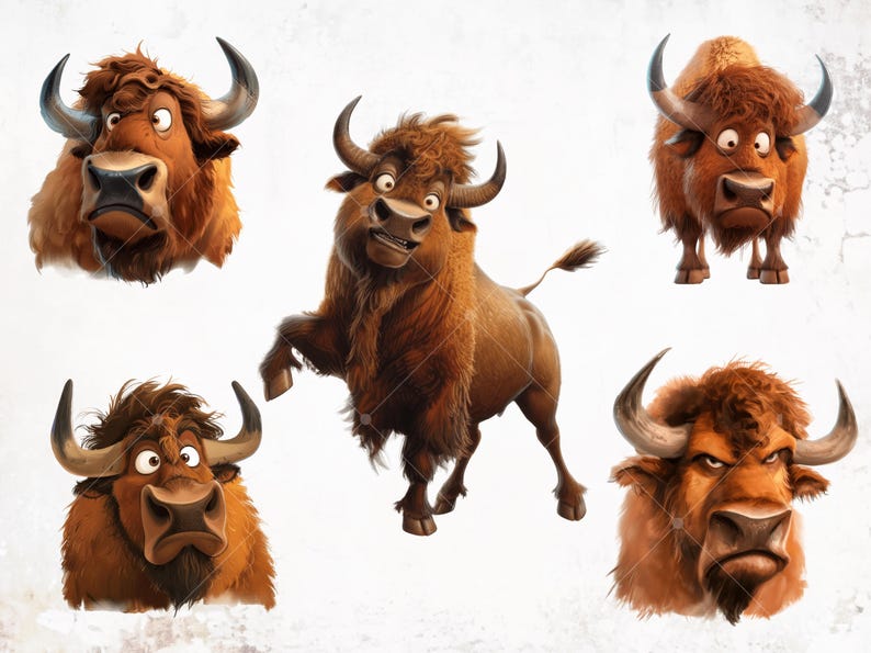 Quirky Bisons Cartoon Clipart Bundle, Funny Faces of a Bison Printable ...