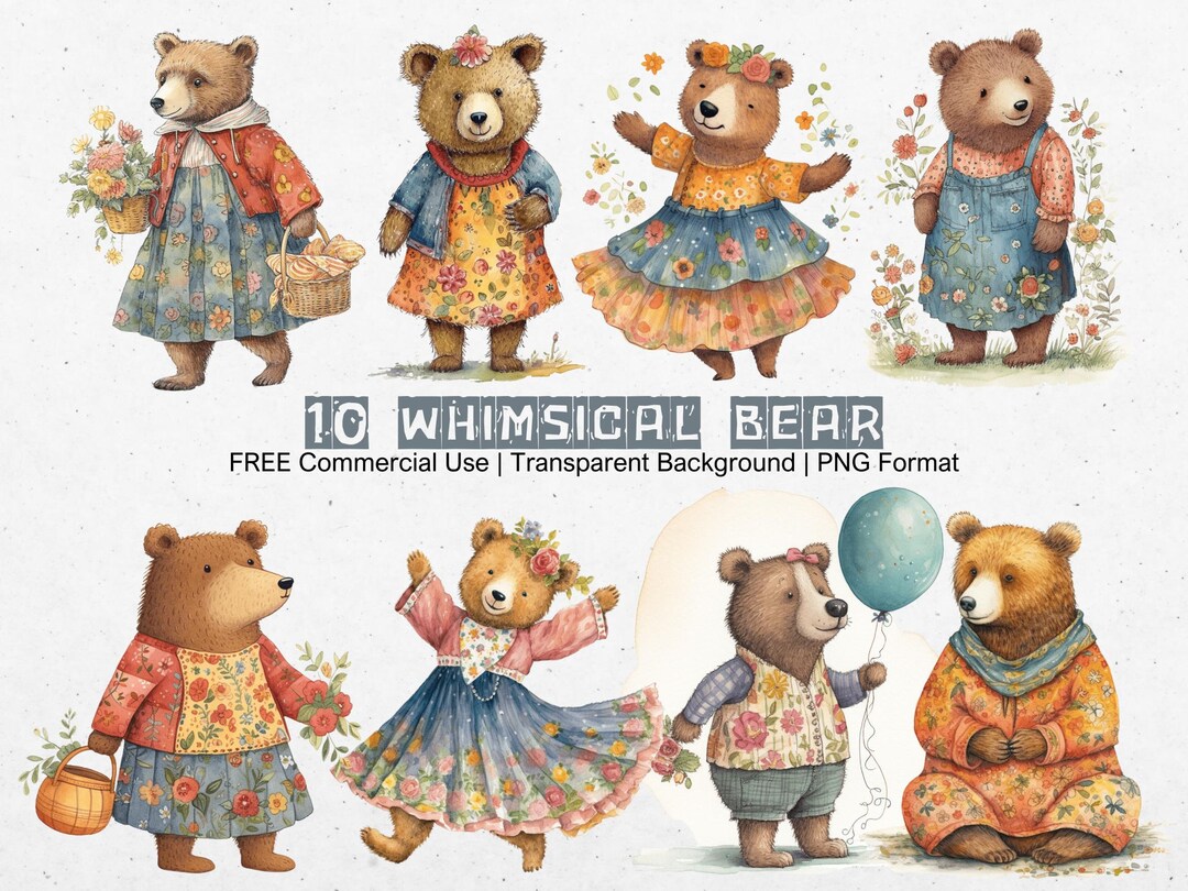 Whimsical Bear Clipart Cute Animal Graphics Instant Download With ...