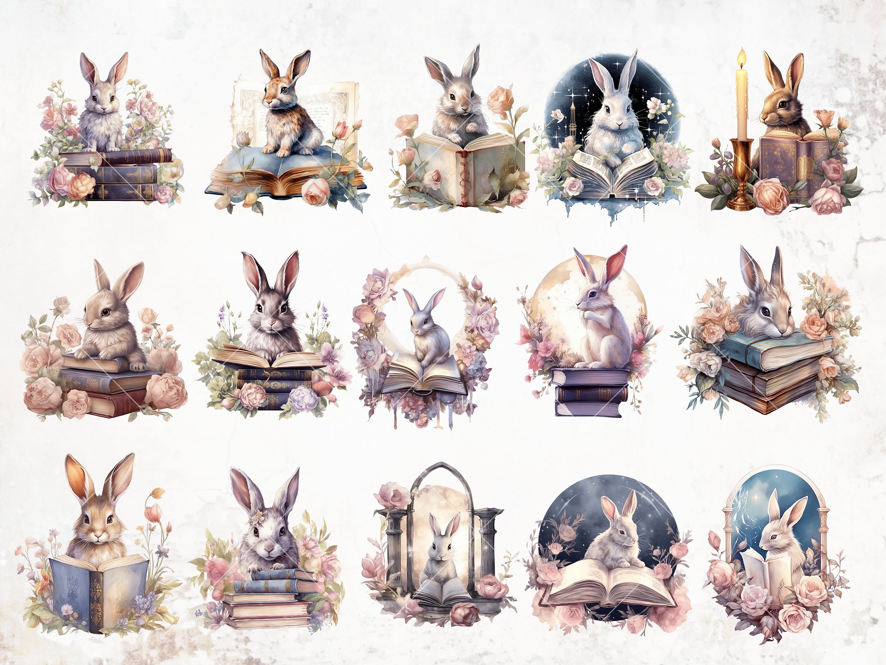 Watercolor Bookworm Bunny Clipart, Fantasy Animal Loving Books ...