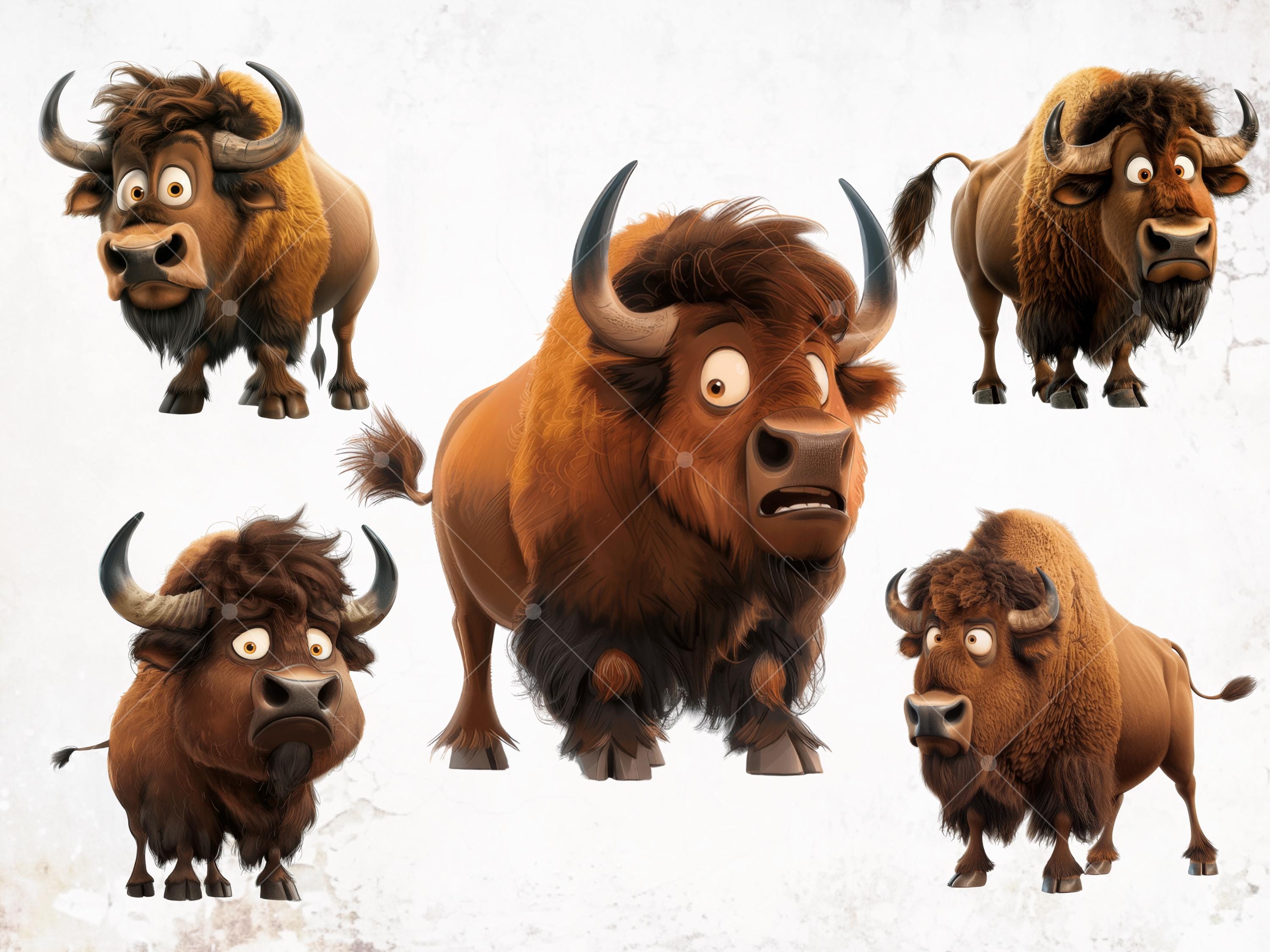 Quirky Bisons Cartoon Clipart Bundle, Funny Faces of a Bison Printable ...