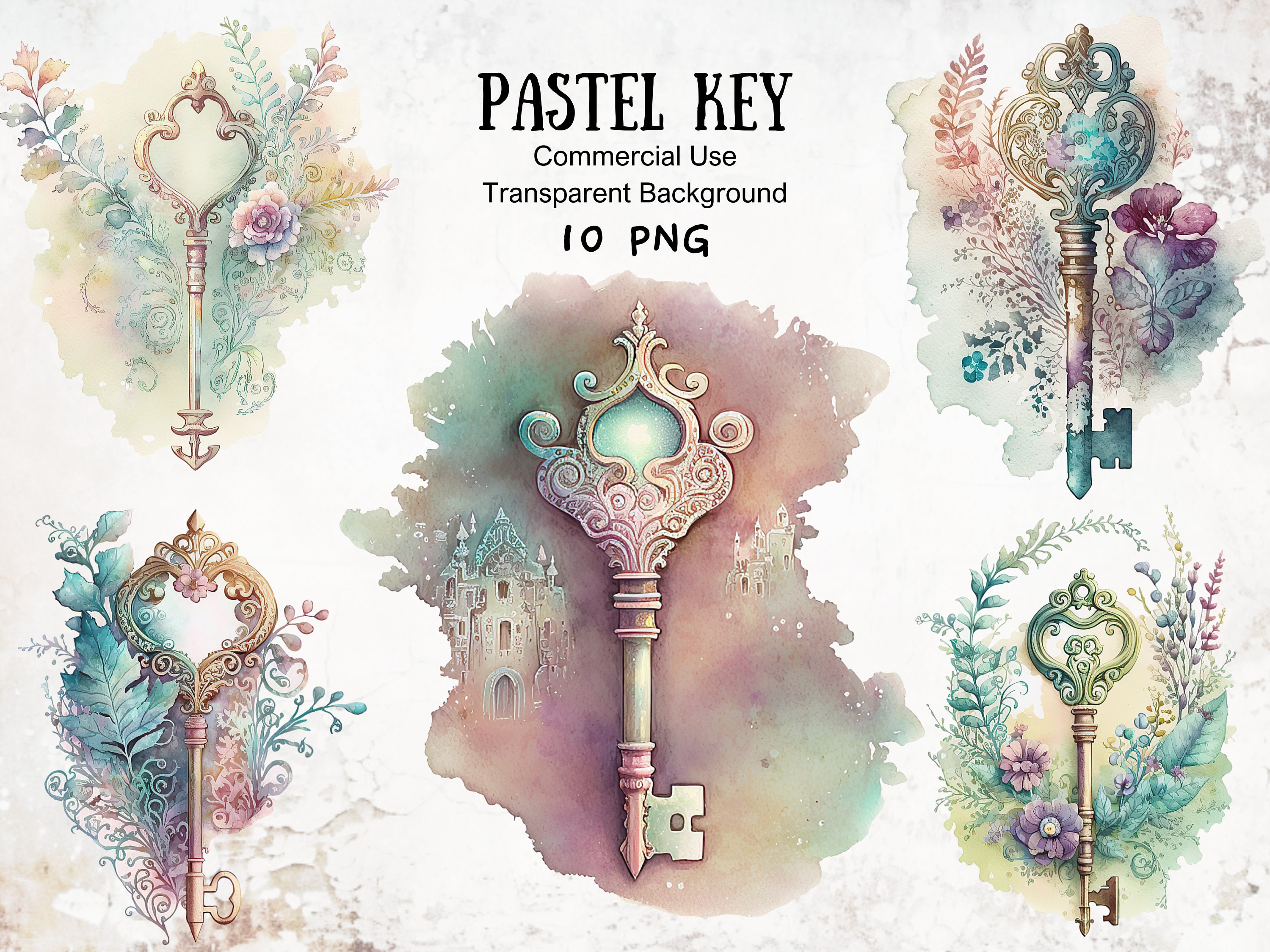 Watercolor Pastel Key Clipart: Fantasy Wedding Graphics (PNG Digital ...