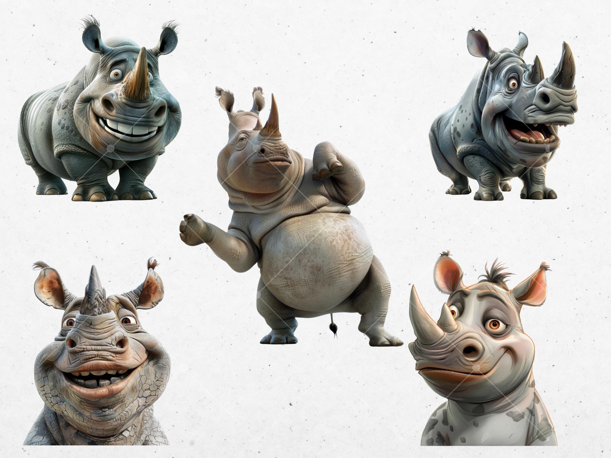 Funny Rhinoceros Clipart Bundle With Transparent Background for Quirky ...