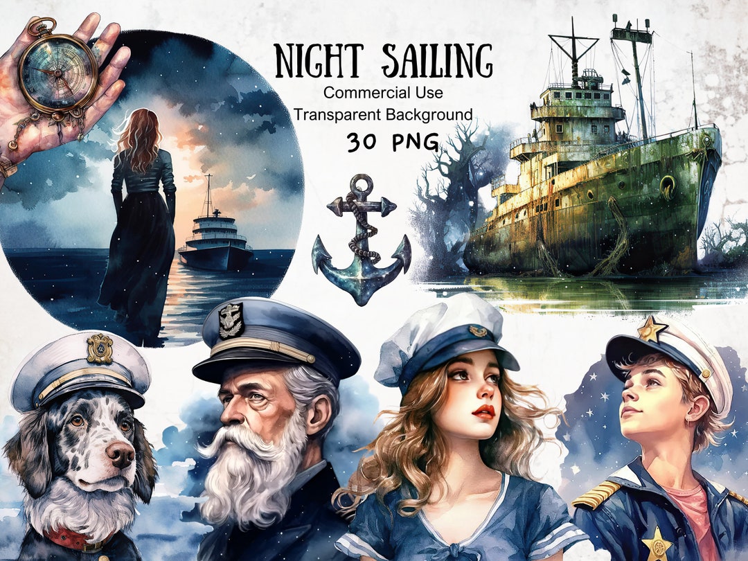 Night Sailing Watercolor Clipart, Nautical or Maritime Collection, PNG ...