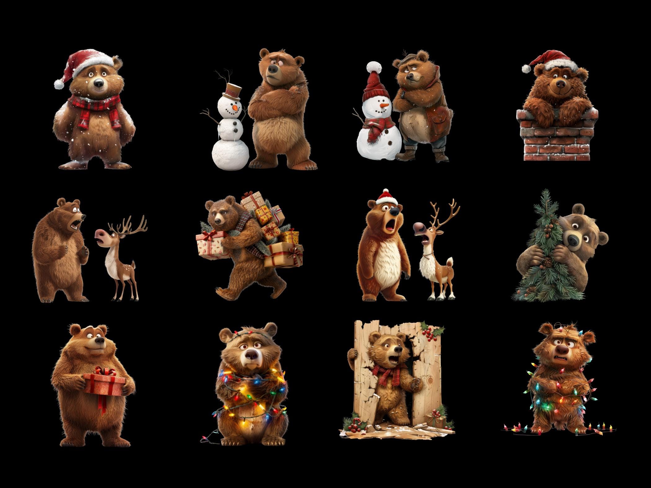 Christmas Bear Clipart Quirky Holiday Animal PNG Illustrations With ...