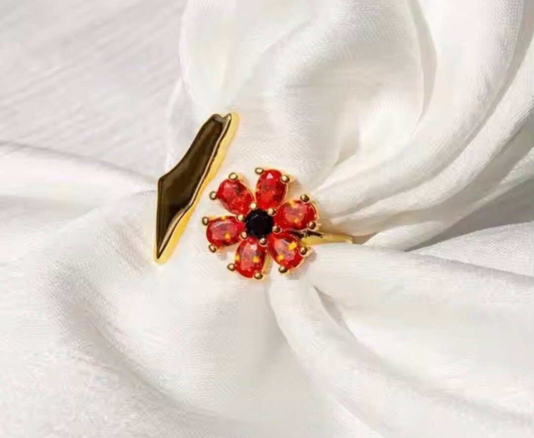 Palestine Map Ring With Red Poppy Flower Tarnish Free 18k Gold Plated ...