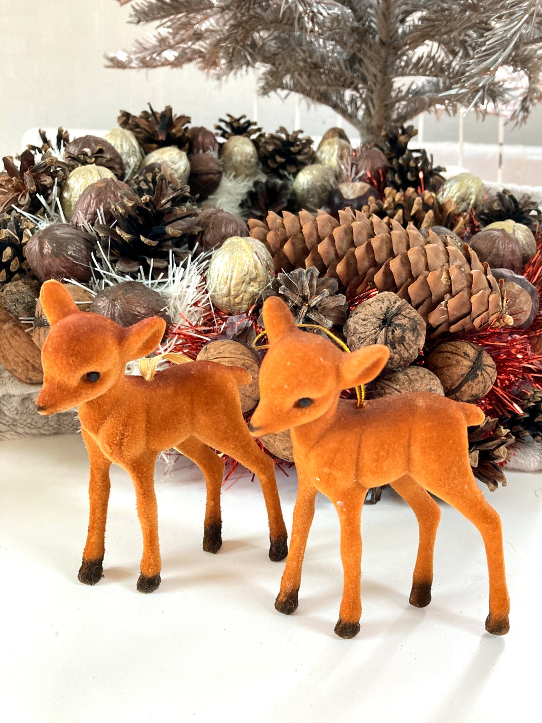 Seasonal Decor Two Flocked Fawn Ornaments Brown Baby Deer or Reindeer ...