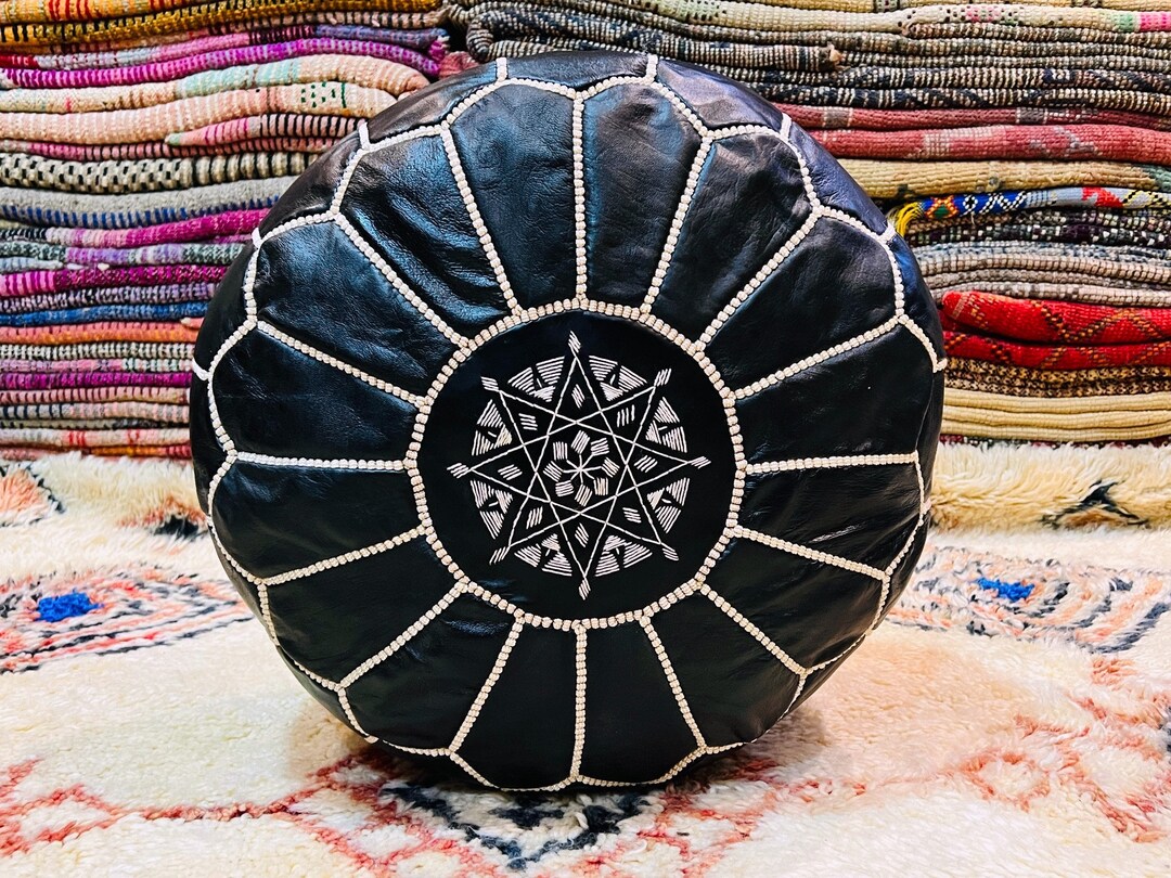Pouf Ottoman Black Color Round 100% Genuine Leather Pouf, Round Pouf ...