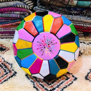 Colorful Moroccan Leather Pouf Handmade Ottoman Cover Bohemian Seating ...
