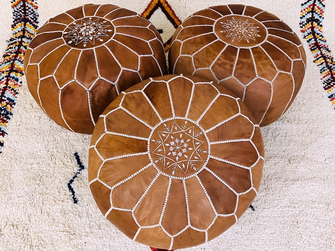 SET OF 3 Round Moroccan Ottoman, Authentic Leather Footstool, Handmade ...