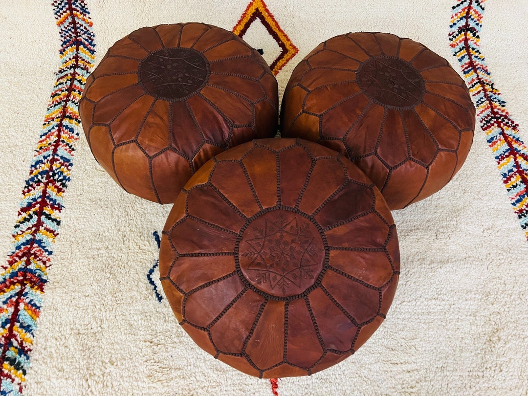 SET OF 3 Moroccan Leather Pouf, Moroccan Ottoman Pouf, Moroccan Pouffe ...