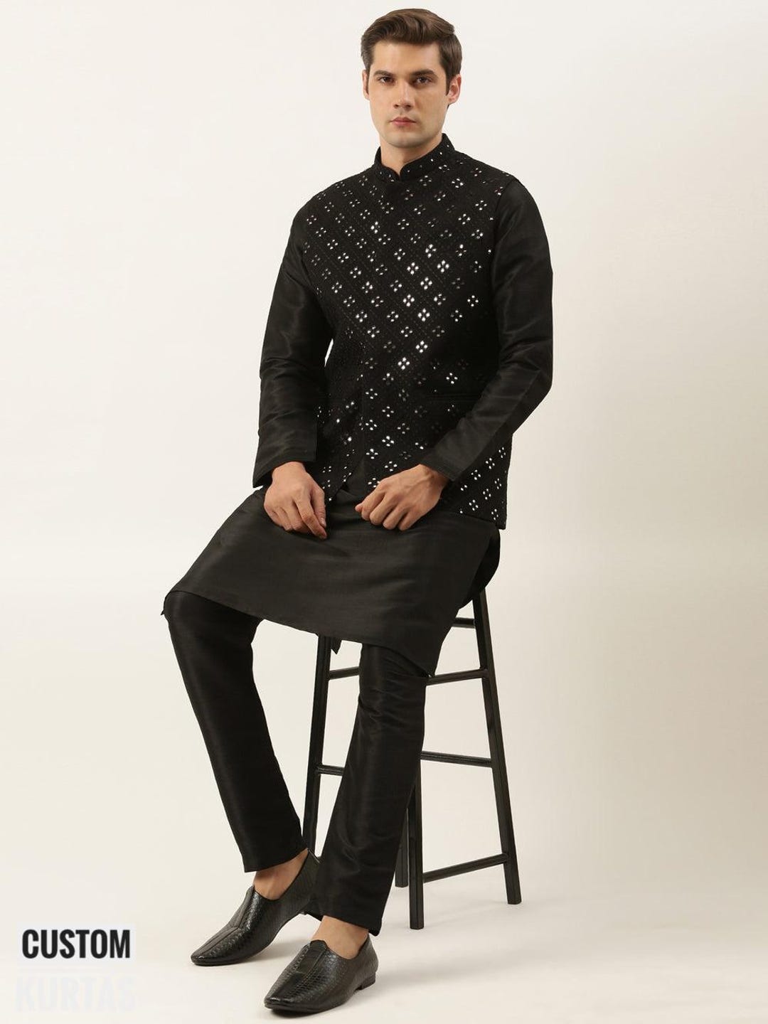 Black Mirror Embroidered Jacket Kurta Set - Satin Silk Kurta With ...