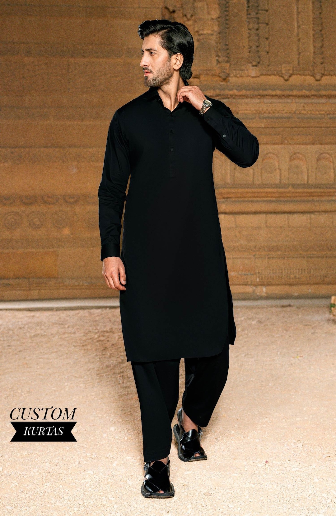 Slim Fit Black Cotton Men's Kameez Shalwar: Pakistani Tunic - Etsy