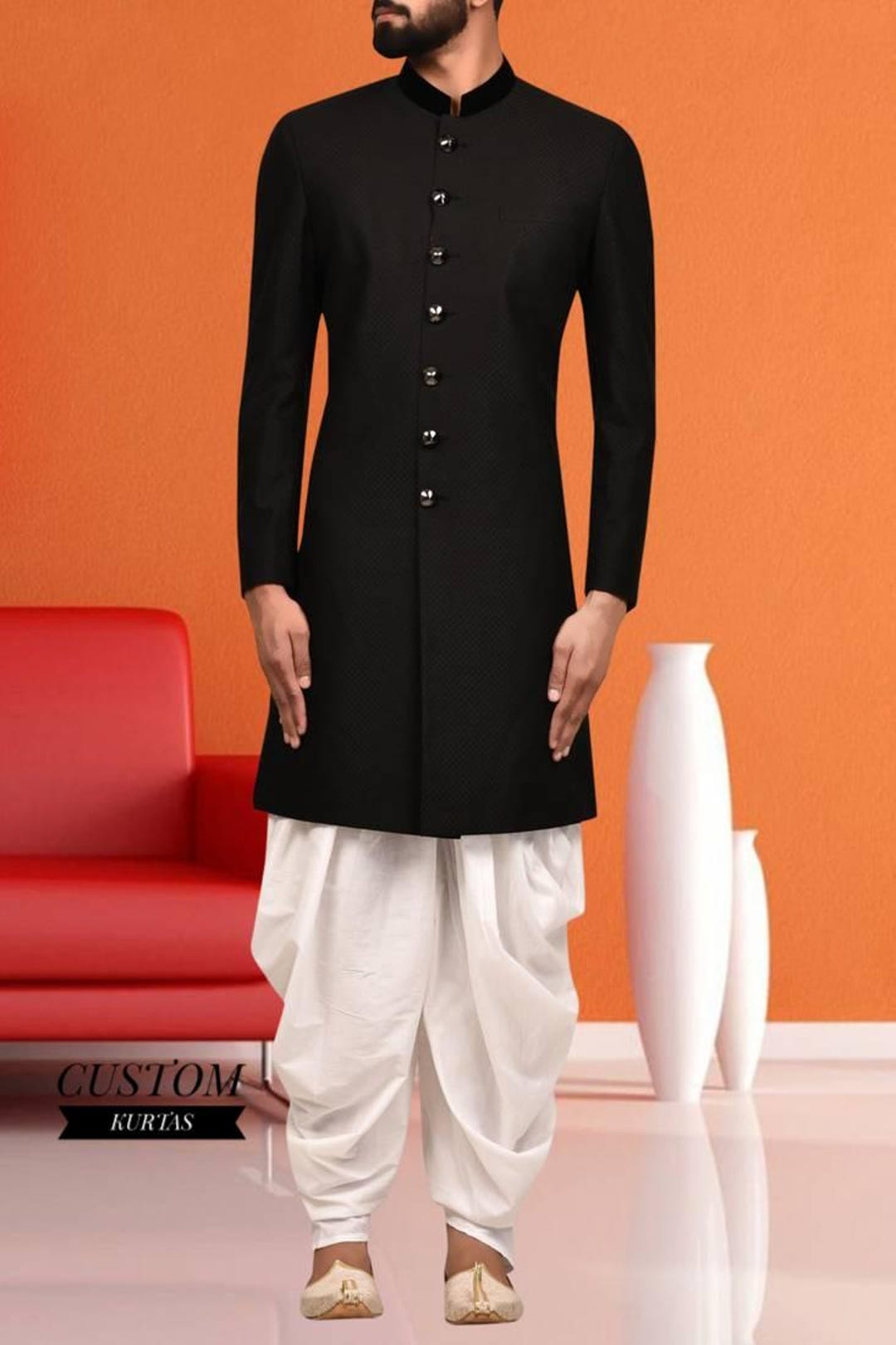 Indo Western Sherwani: Black & White Japanese Fabric, Patiala Shalwar ...
