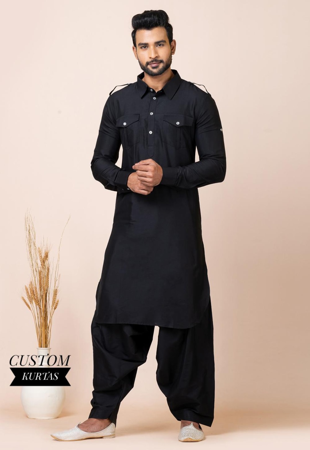 Men's Black Cotton Pathani Kurta With Patiala Shalwar - Etsy