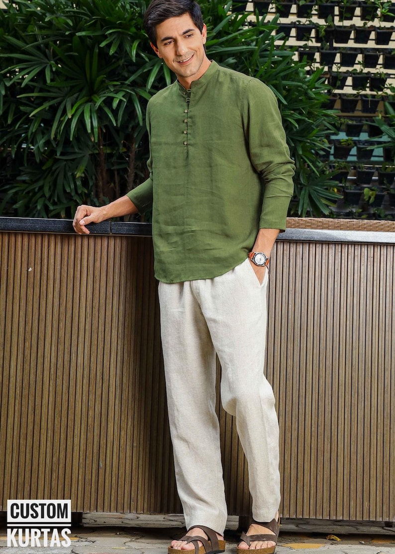 Pure Linen Short Kurta Shirt: Green Wood Button, Handmade - Etsy
