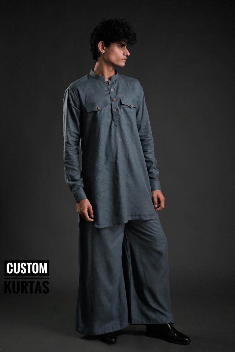 Dark Grey Linen Blend Pathani Suit With Flared Pants - Etsy