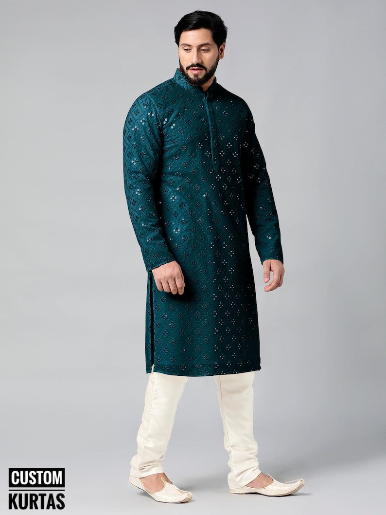 Teal Blue Georgette Embroidered Kurta & White Silk Pajama for Man - Etsy