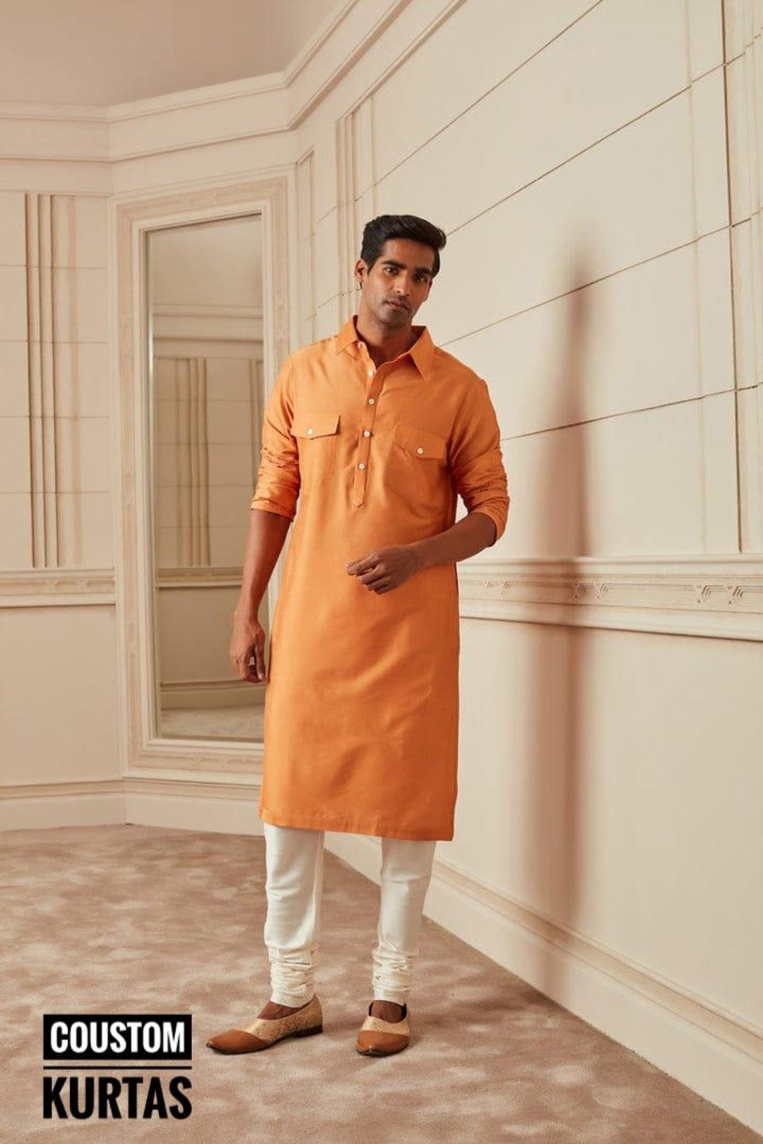 Premium Quality Orange Pathani Kurta With White Churidar Pajama | Mens ...