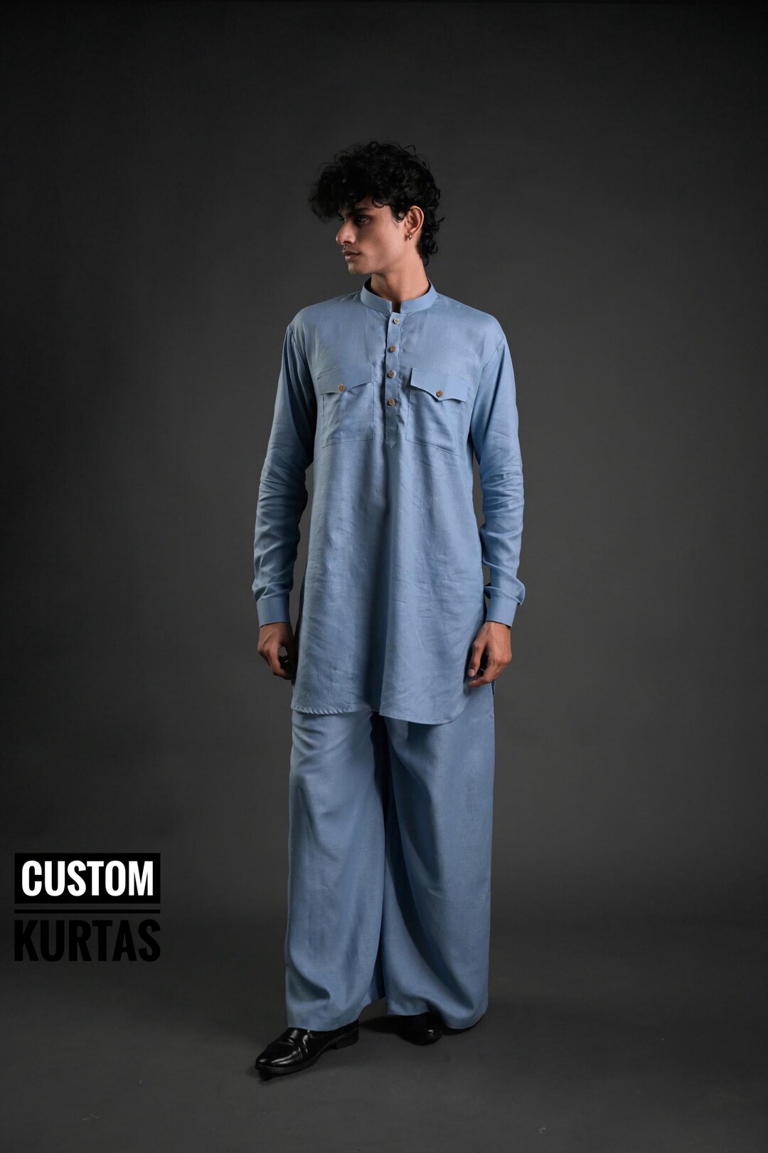 Classic Blue Linen Blend Pathani Suit With Flared Pants | Party Wear ...