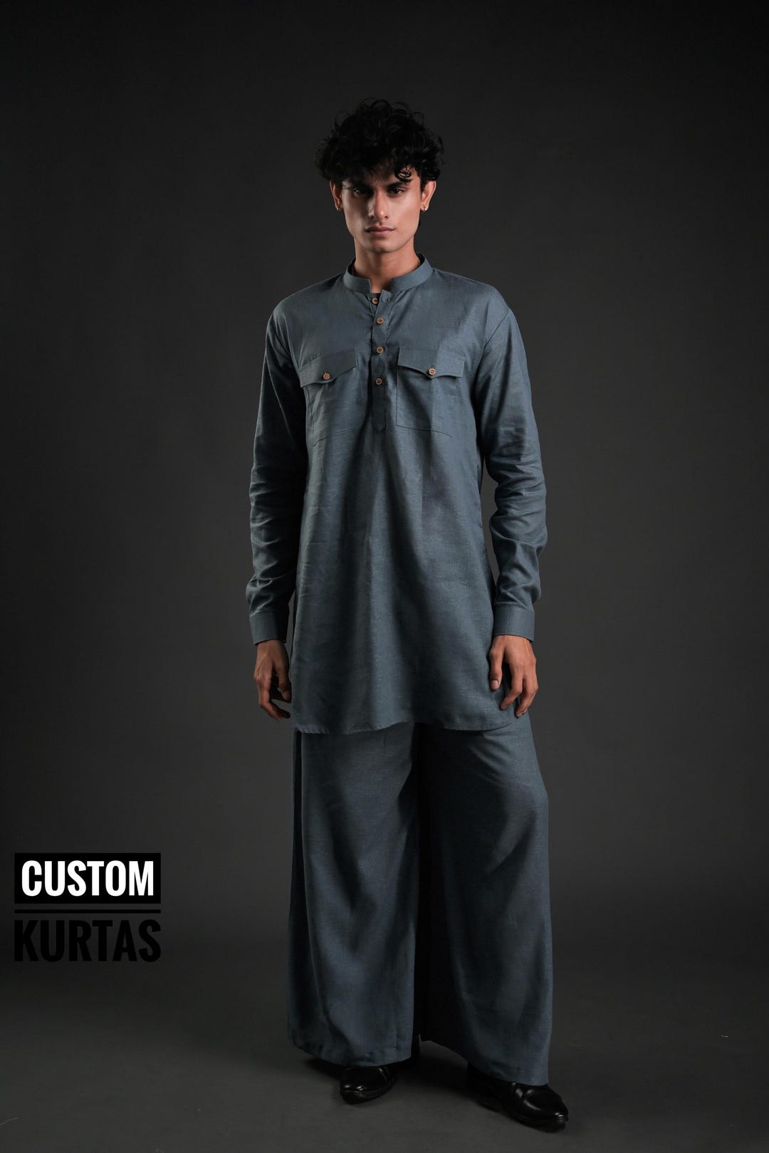 Classic Dark Grey Linen Blend Pathani Suit With Flared Pants | Pure ...