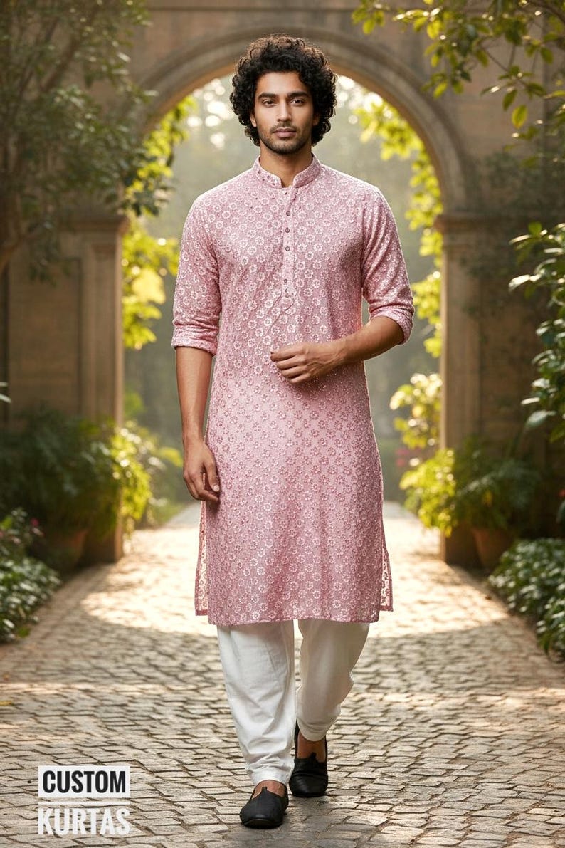 Men's Beige Sherwani Style Custom Made Pure Sequence Kurta Pajama Set ...