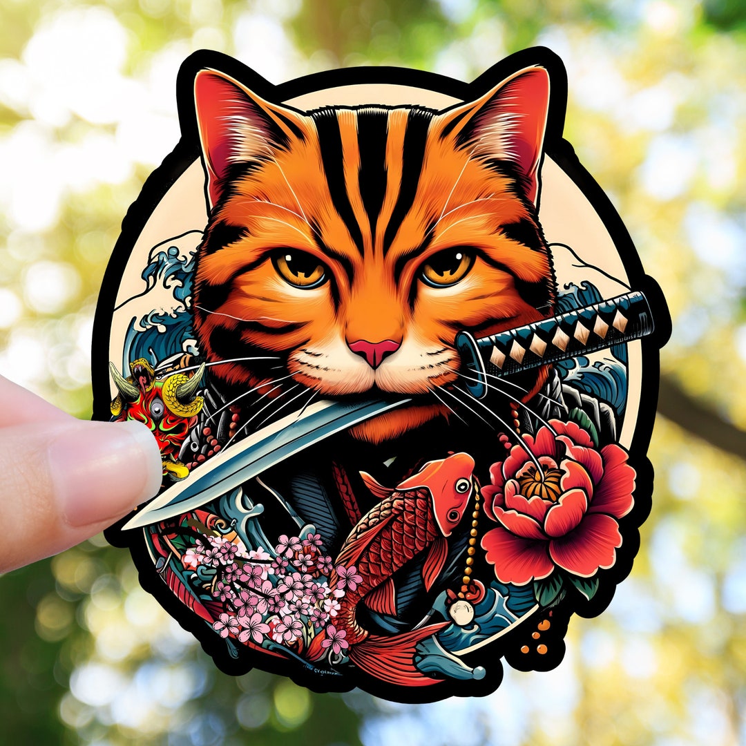 Samurai Cat Sticker Orange Cat Flowers Roses Koi Sticker Tiger Cat ...