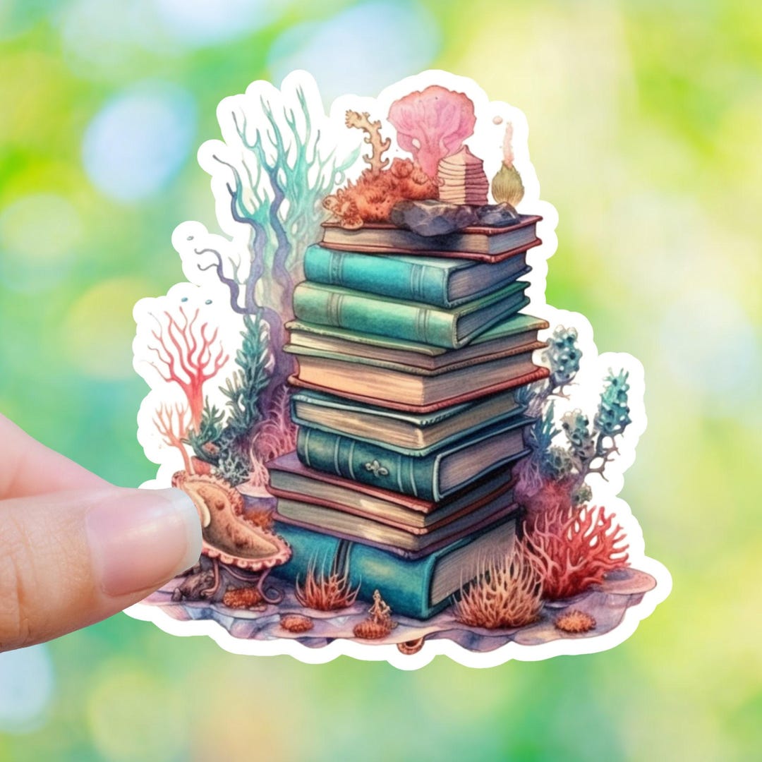 Stack of Books Sticker, Sea Life Books Sticker, Ocean Sticker, Flowers ...