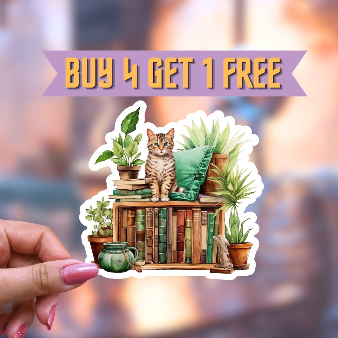 Stacked Books Cat Stickers, Funny Book Stickers, Books Laptop Decals ...