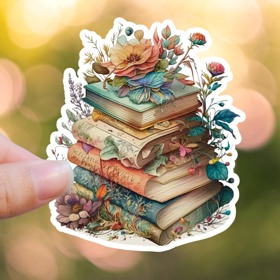 Stack of Books With Flowers Sticker, Books Sticker for Kindle, Cute ...