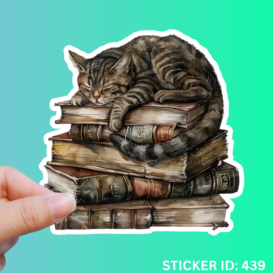 Cat Sleeping on Books Sticker Cat Sticker Stack of Books Flower Sticker ...