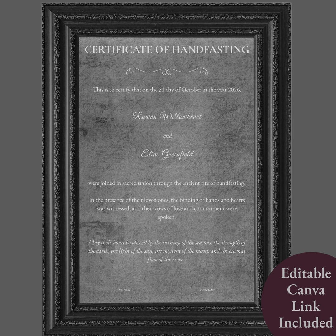 Gothic Dark Academia Handfasting Certificate Pagan Wedding Ceremony ...