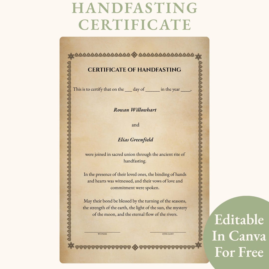 Handfasting Certificate Celtic Knot Pagan Wedding Ceremony Certificate ...