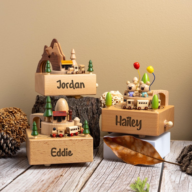 Personalized Wooden Train Music Box – Baby Shower Gift, Custom Engraved ...