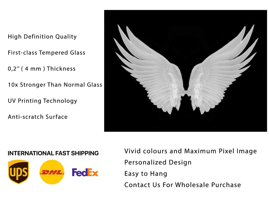 White Angel Wings Glass Wall Art-wall Decor-home Decor-glass Printing ...