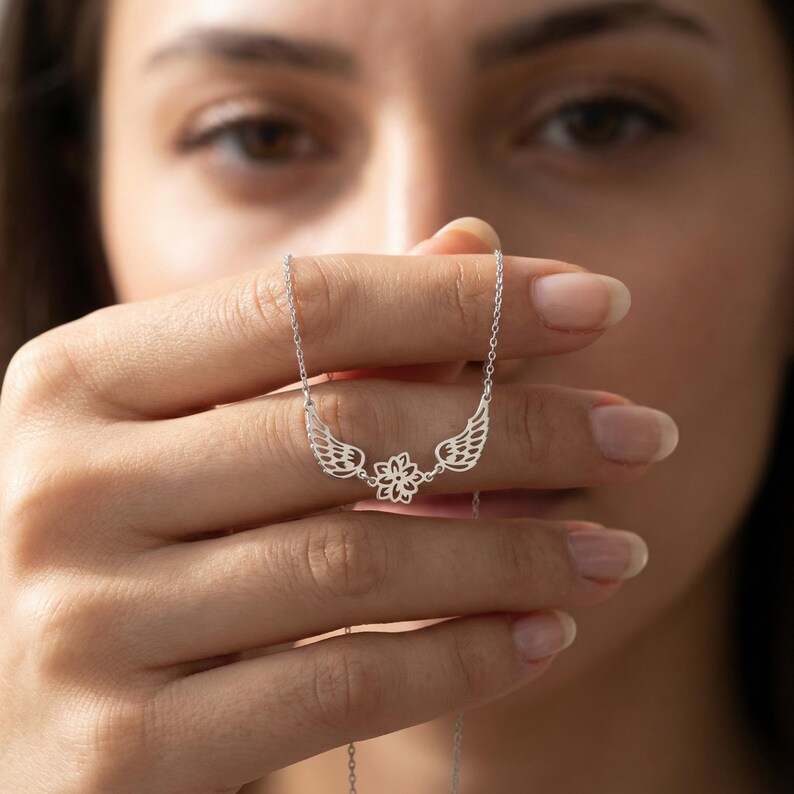 Personalized Birth Flower Angel Wing Necklace Silver Custom Memorial ...